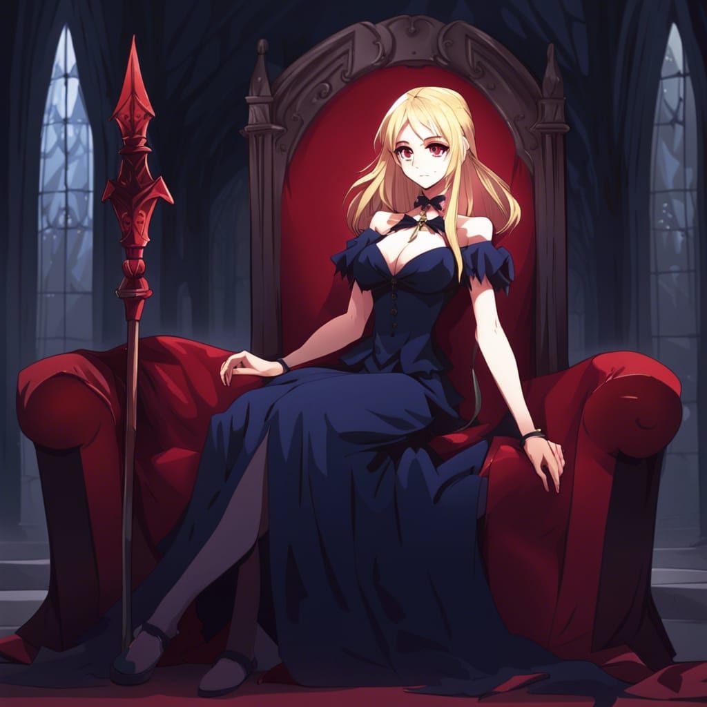 a blonde vampire sitting on a throne, a spear in her hand. wearing a ...