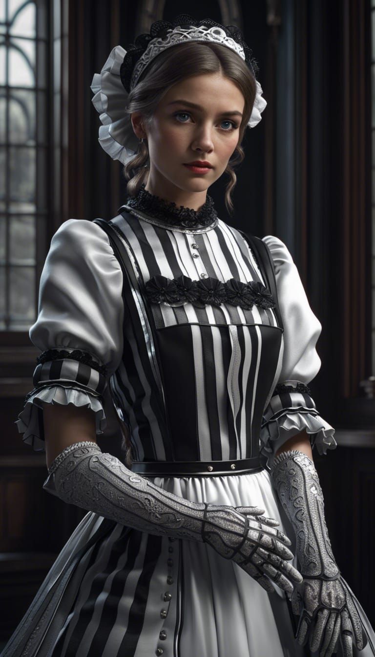 The maid girl wears a black and white shaky arm maid outfit with gloves ...