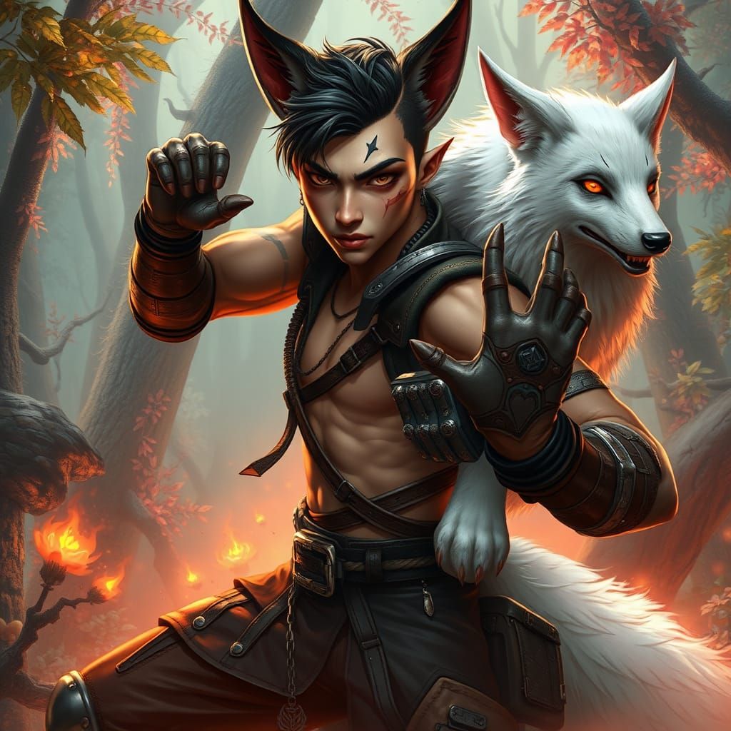 A male teen pit-fighter with short, spiky, white hair, piercing red ...