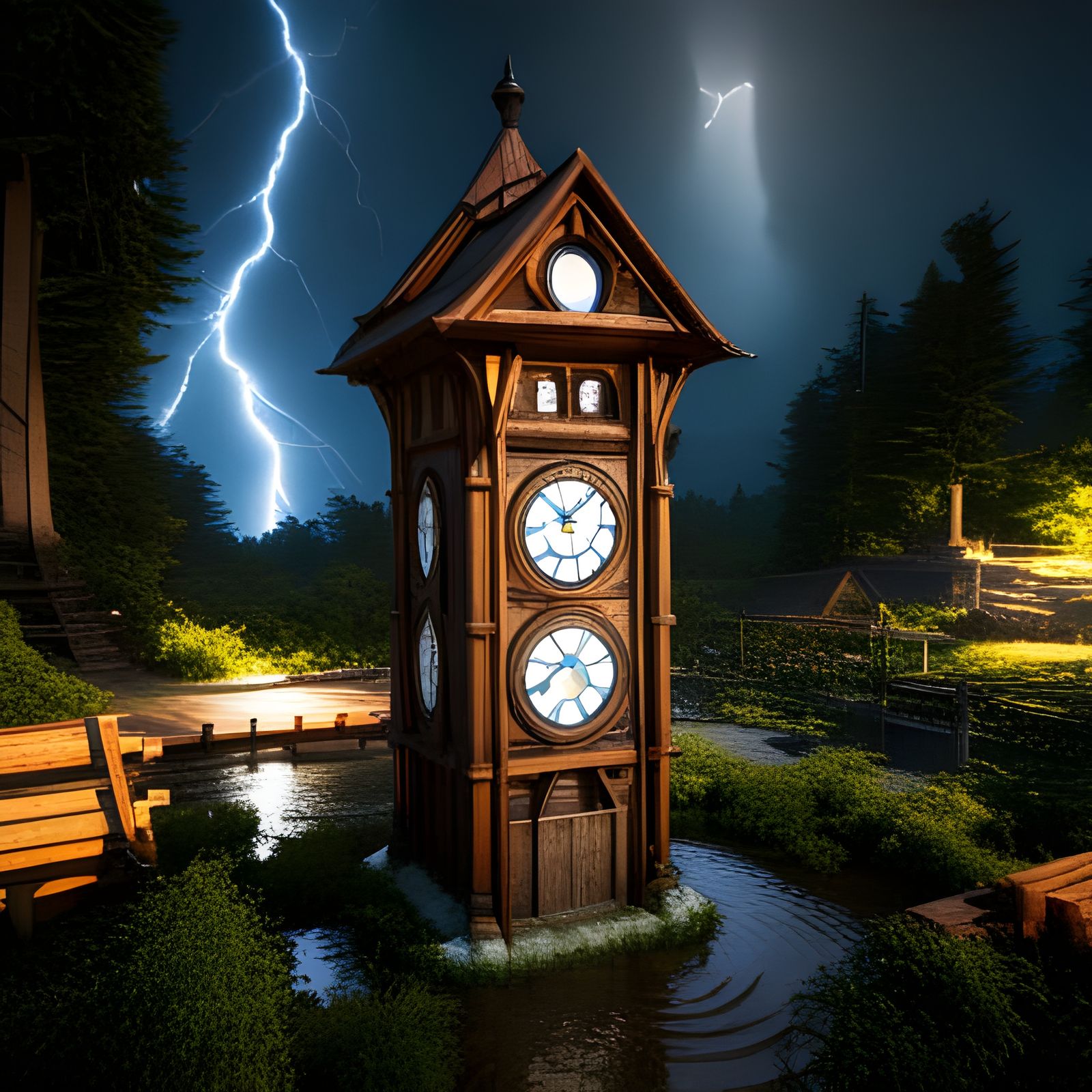 beautiful magnificent detailed wooden clock tower struck by blue ...