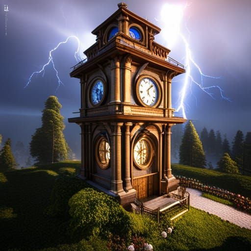 beautiful magnificent detailed wooden clock tower struck by blue ...