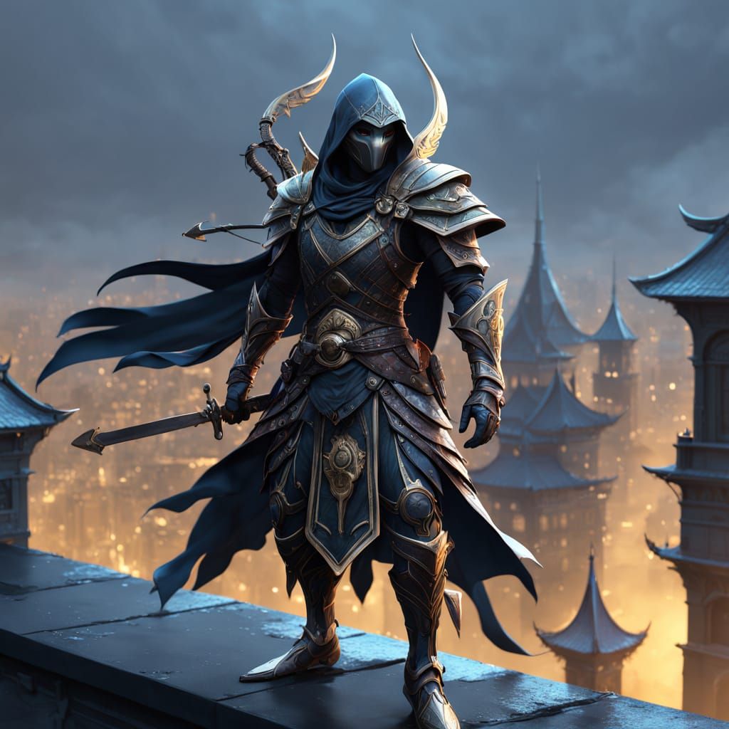 Ethereal Victorian Ninja Assassin Silhouetted on R... - AI Art