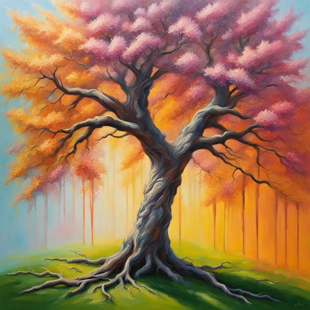 Oil painting of a beautiful tree with a spring abstract art ...