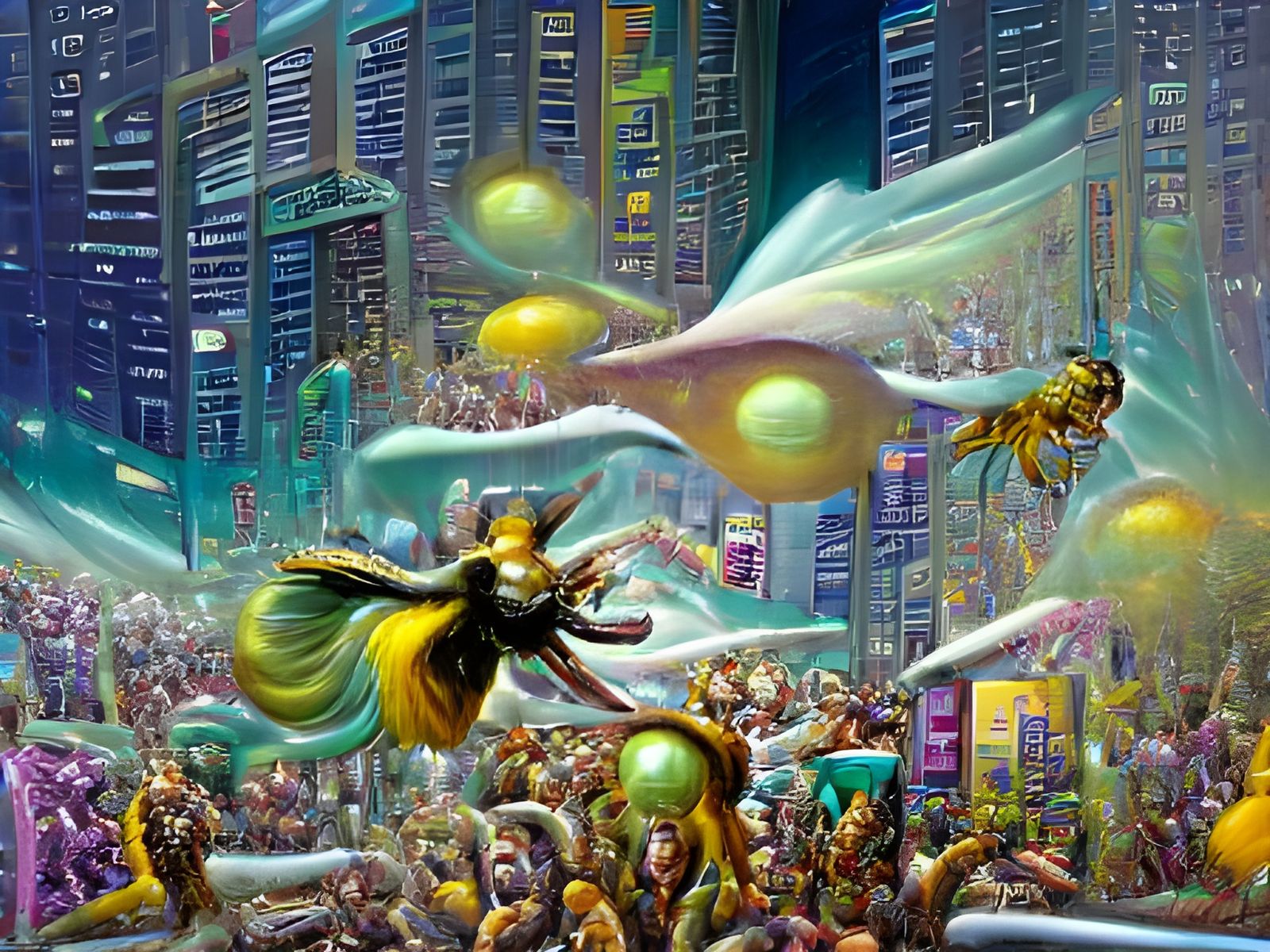 female bee-like creature flying above the crowd of human-like aliens on ...