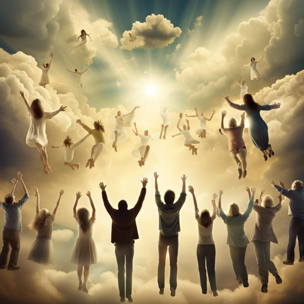 the rapture, people flying in the air towards the heavens, - AI ...