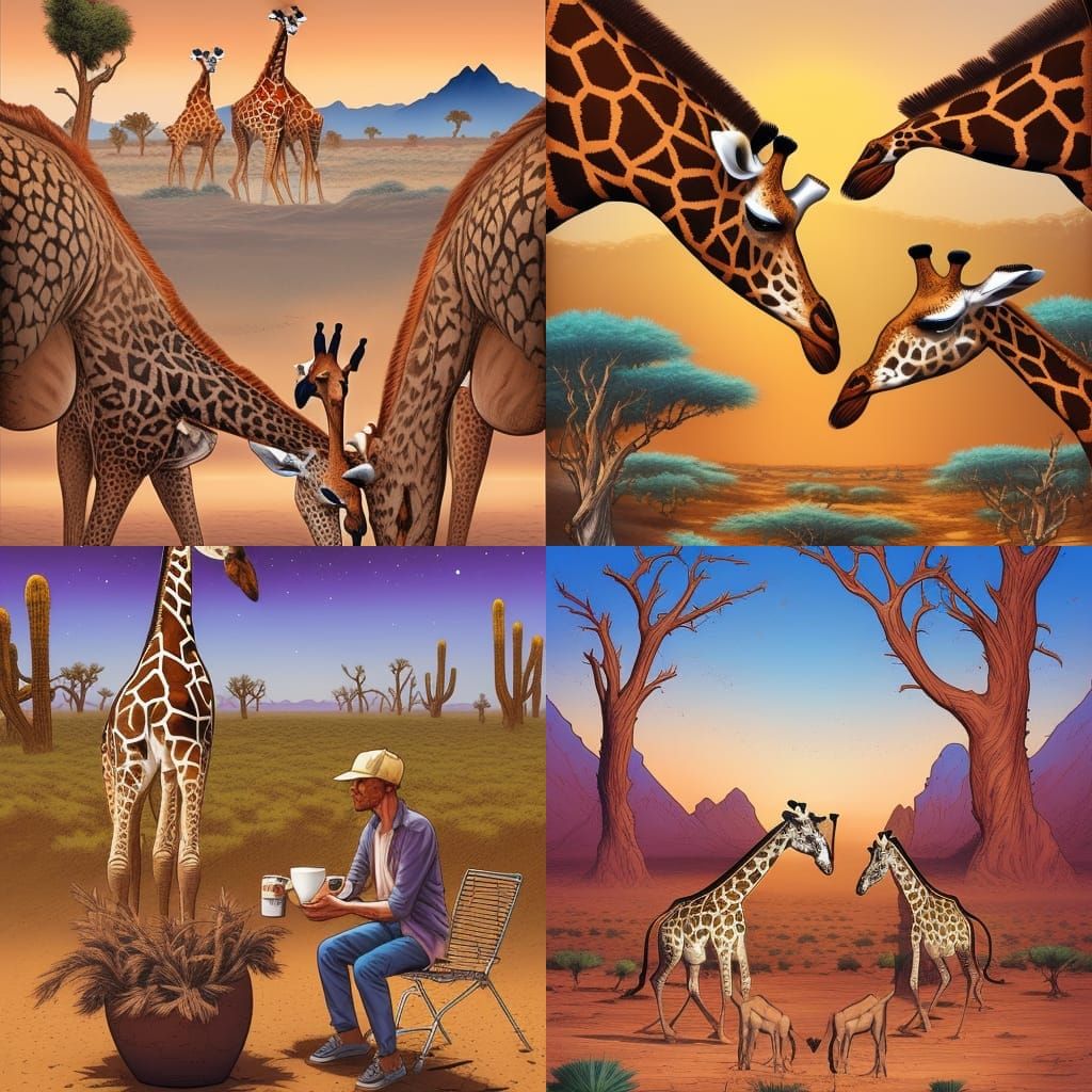 giraffes drinking coffee in a desert - AI Generated Artwork - NightCafe ...