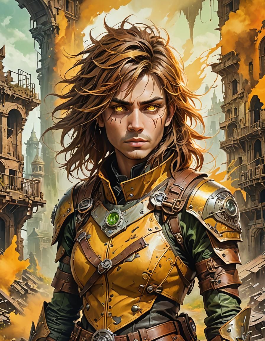 portrait of a thin, tired adventurer with disheveled hair wears a old ...