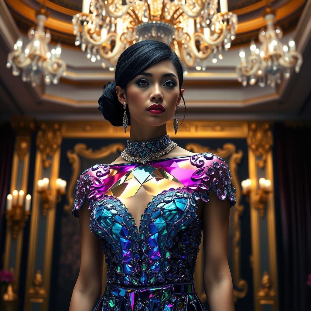 Glamorous Woman in Crystal Geode Ball Gown with Ch... - AI Art