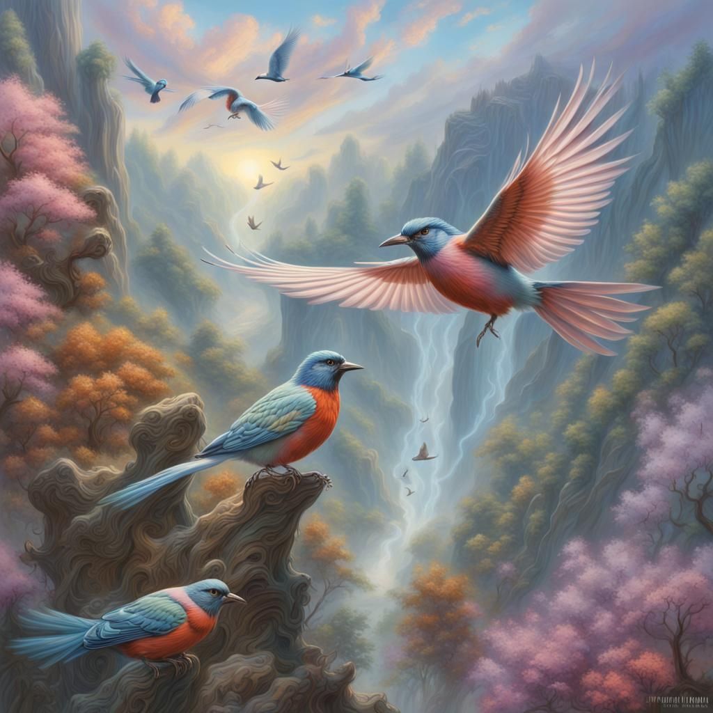 colored birds flying, pastel colors, digital art, illustrated art ...