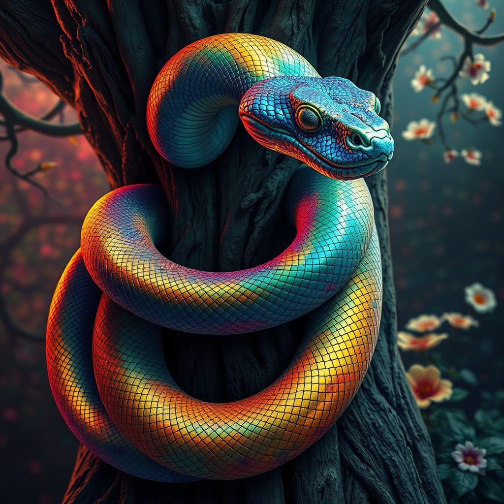 Color Snake - Ethereal Snake Uncoils Amidst Ancient Tree and...