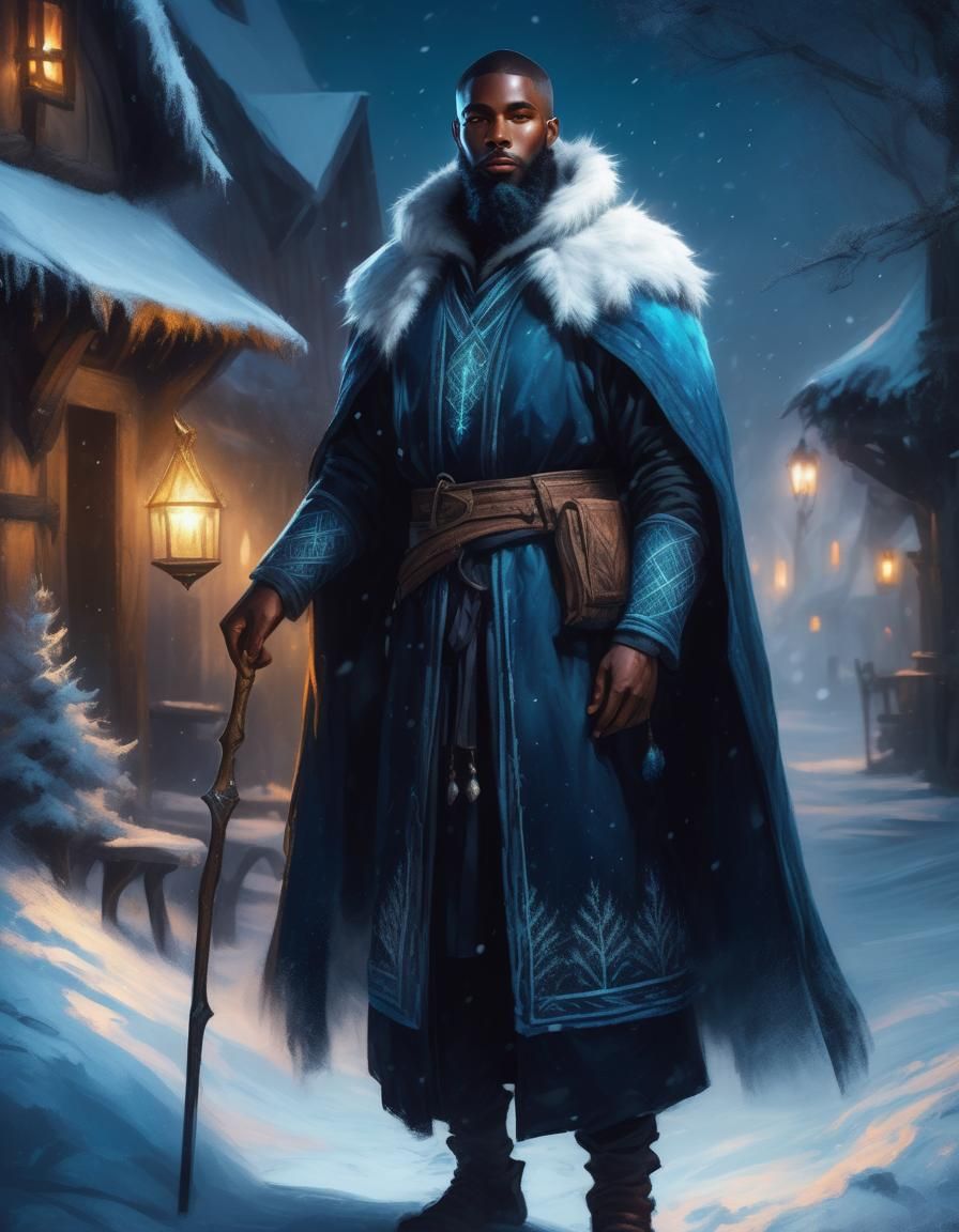 black human male frost mage with beard, winter night in village, full ...