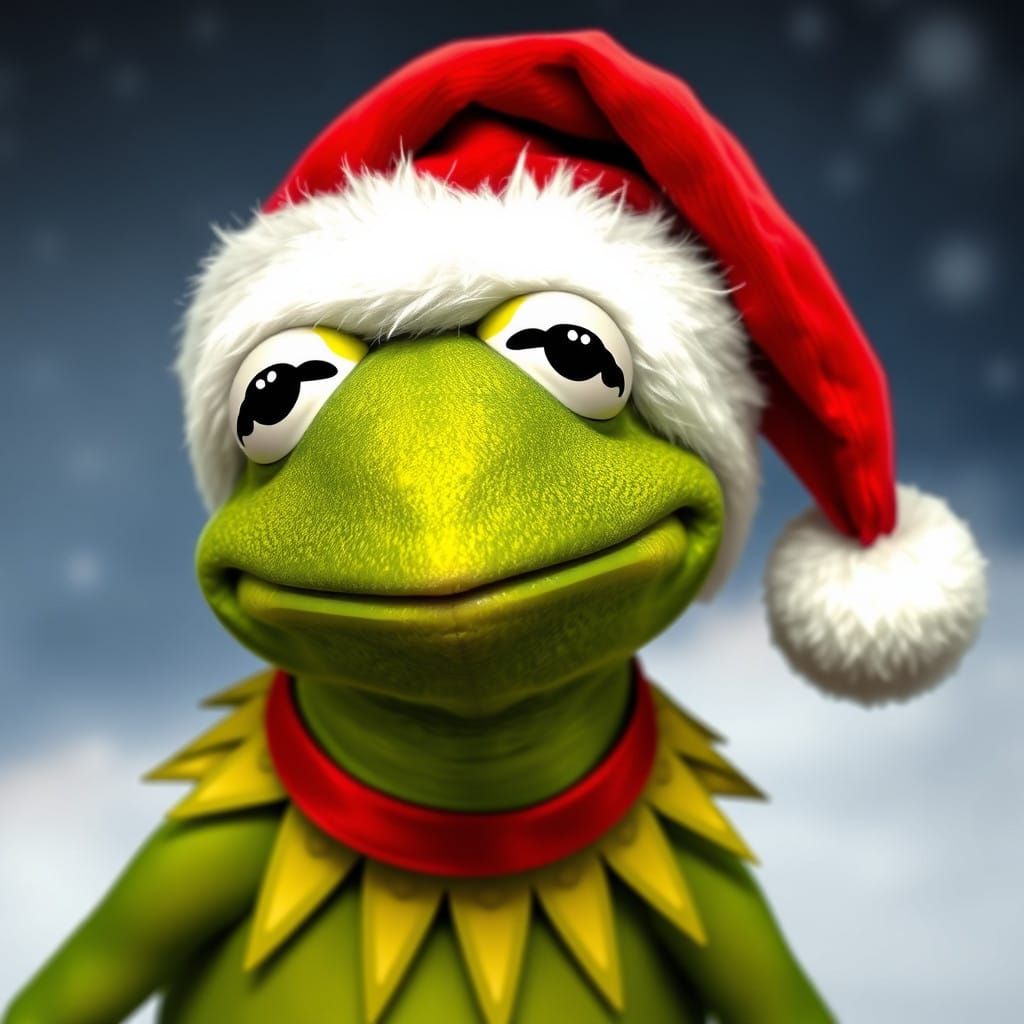 Kermit the Frog in a Festive Santa Hat - AI Art