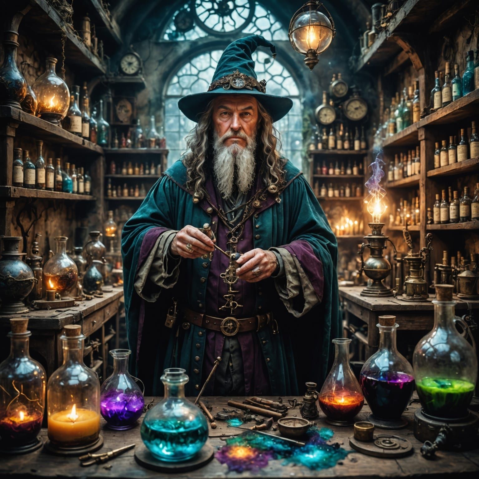 Wizard in his lab - Medieval Wizard in a Whimsical Steampunk...