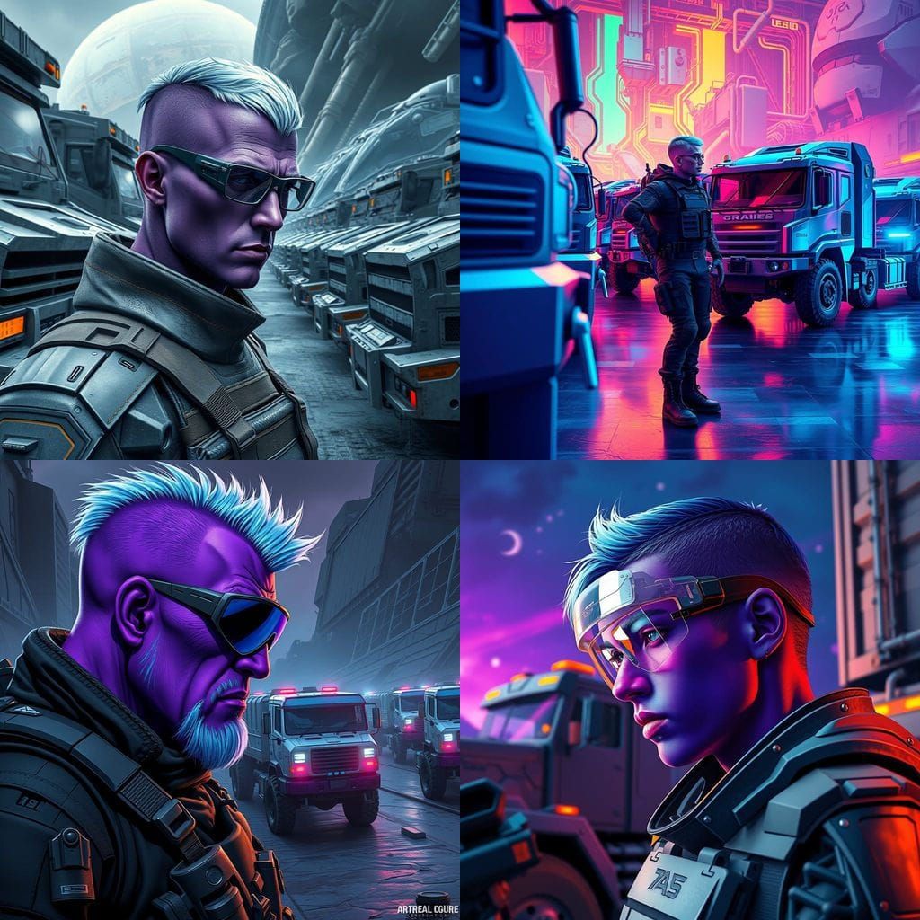 Purple-Skinned Soldier Inspects Cargo Trucks in Fu... - AI Art