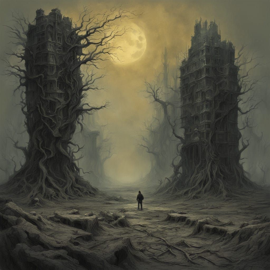 Gritty Post-Apocalyptic Wasteland in Dark, Surreal... - AI Art