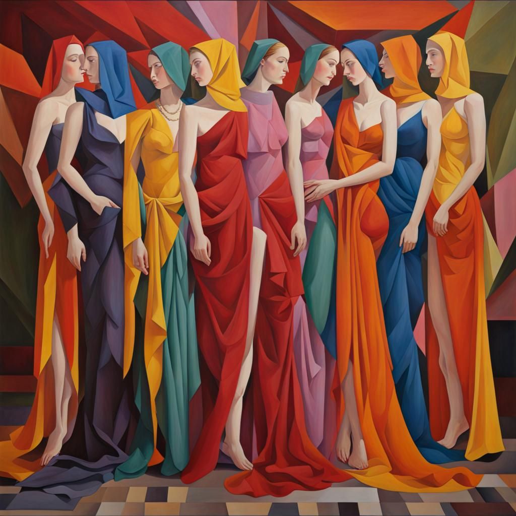 a painting of a group of women standing next to each other, inspired by ...