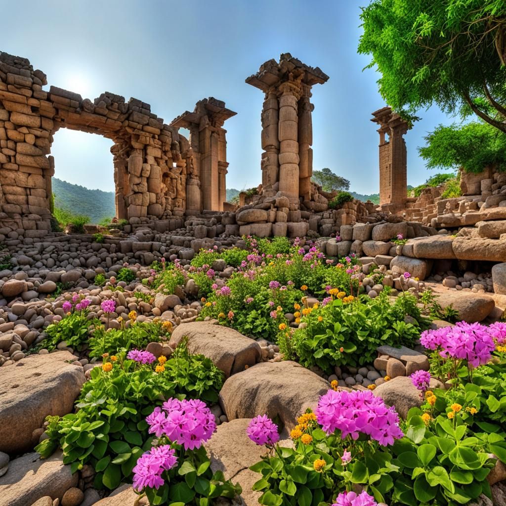 a group of ancient ruins on rocky ground with flowering plants growing ...