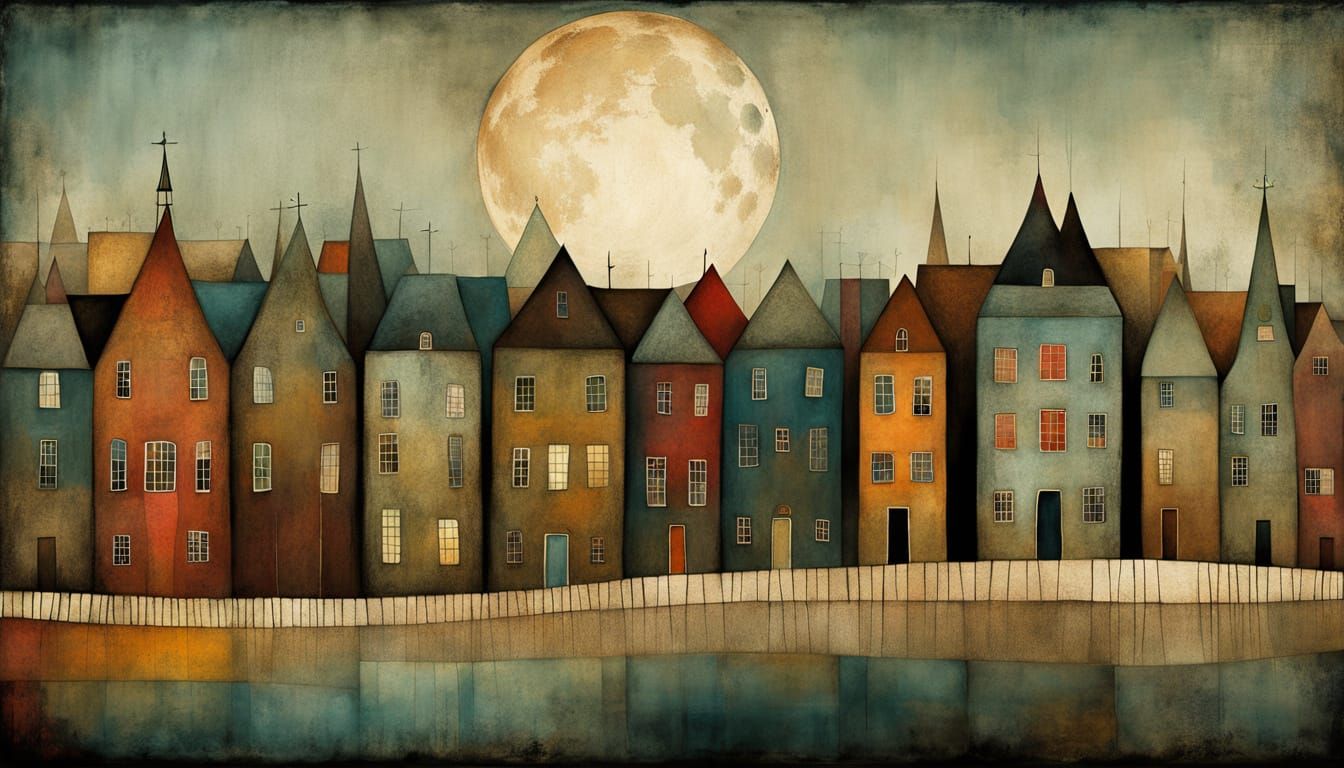 Full Moon - Whimsical Cape Cod Moonlit Scene in Folk-Art Sty...