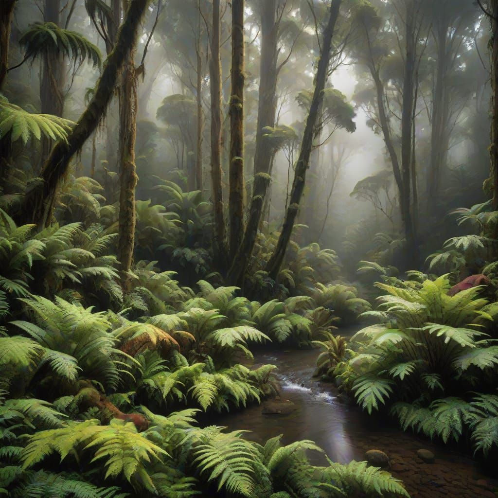 abstract new zealand bush::(Punga, ferns. stream, Rimu trees, Kauri ...