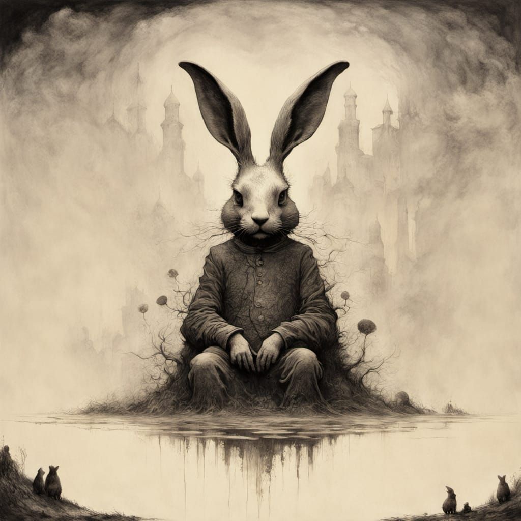 Surrealist White Rabbit Emerges from Ink Blot - AI Art