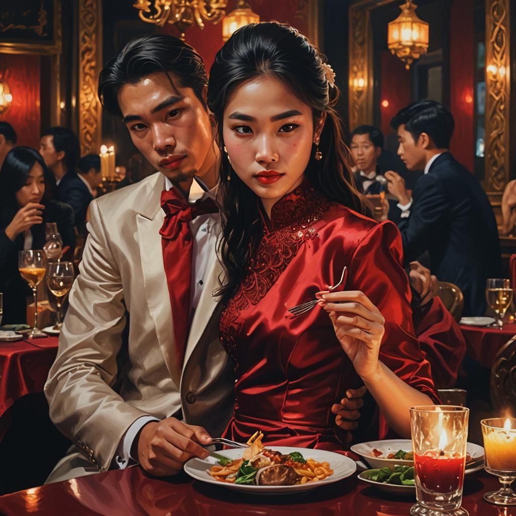 Couple eating dinner in candle light restaurant - AI Generated Artwork - NightCafe Creator