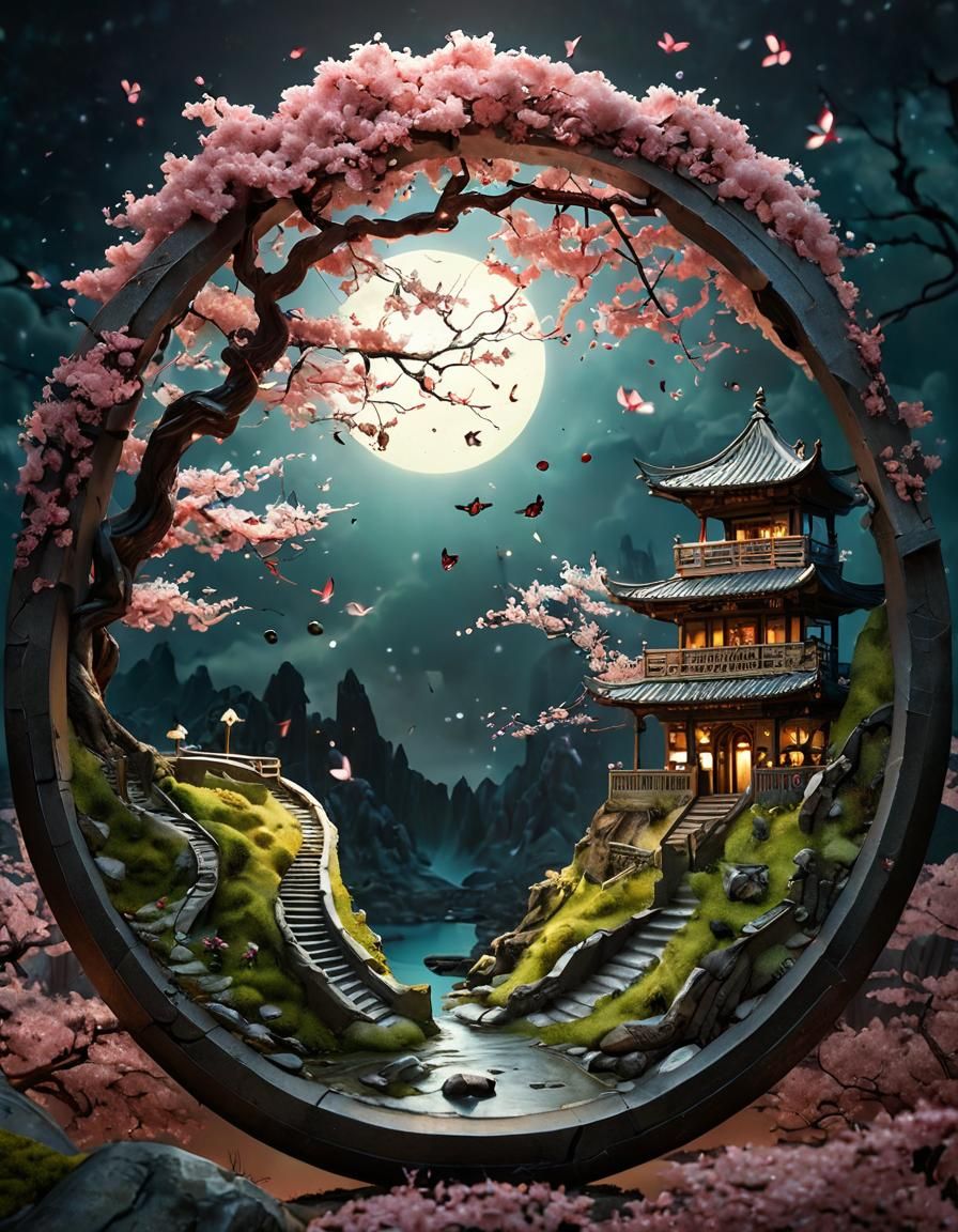 Moonlight Sakura Village - Surreal Ancient Portal Reveals Ma...