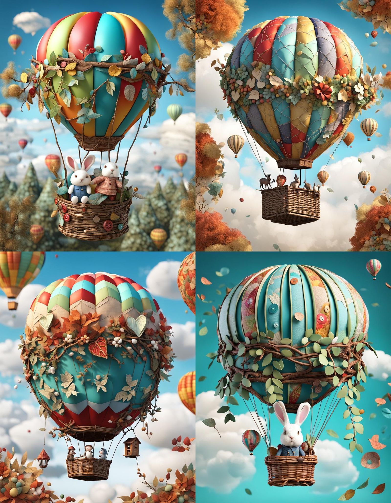 A whimsical and enchanting 3D render of a hot air balloon and rabbits ...