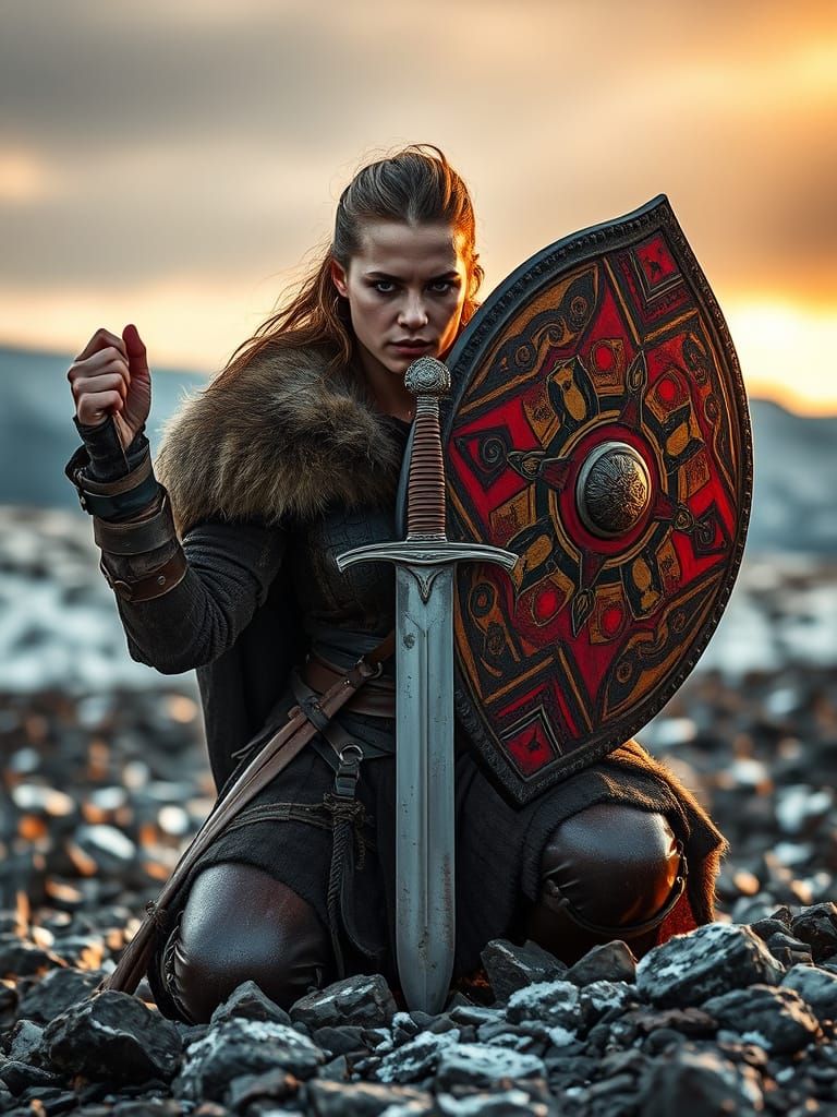 Viking Warrior in Defiant Stance, Shield Raised Hi... - AI Art