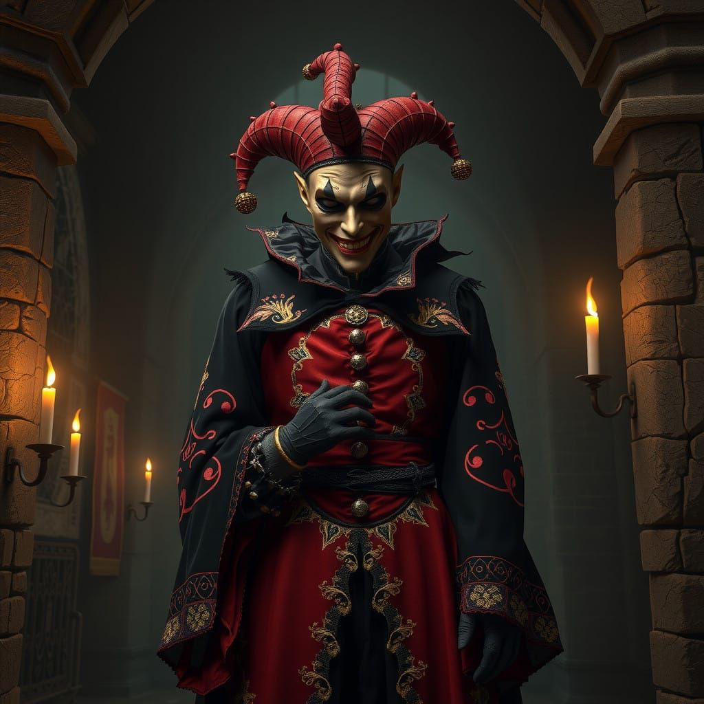 Dark Fantasy Jester in Tattered Red Costume, Medie... - AI Art