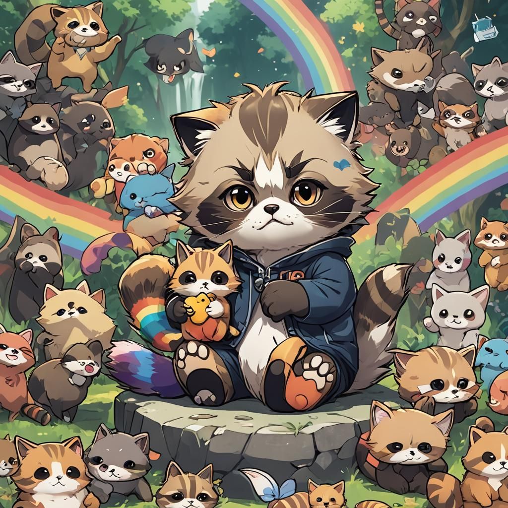 A Grumpy Kitten hanging out with a rainbow raccoon. - AI Generated ...
