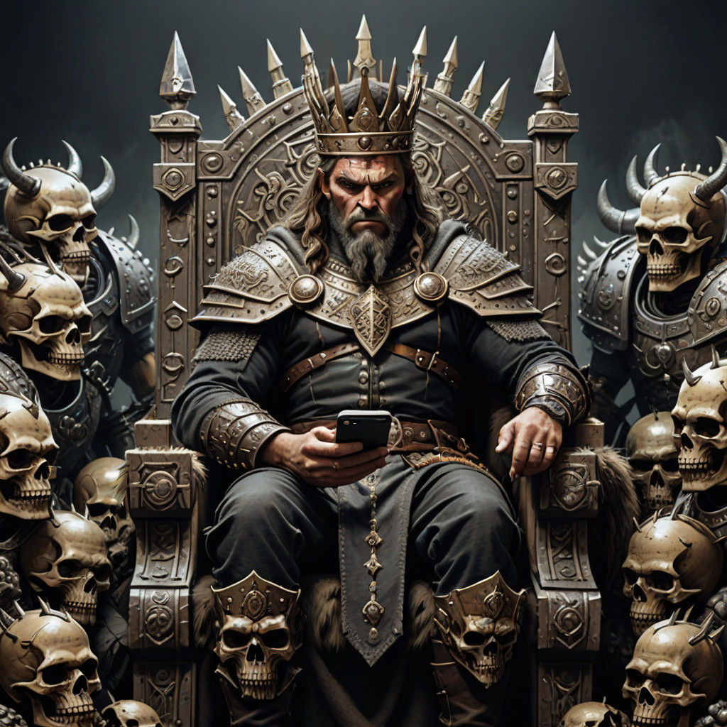 Barbarian King Seated on Throne of Skulls, Staring... - AI Art