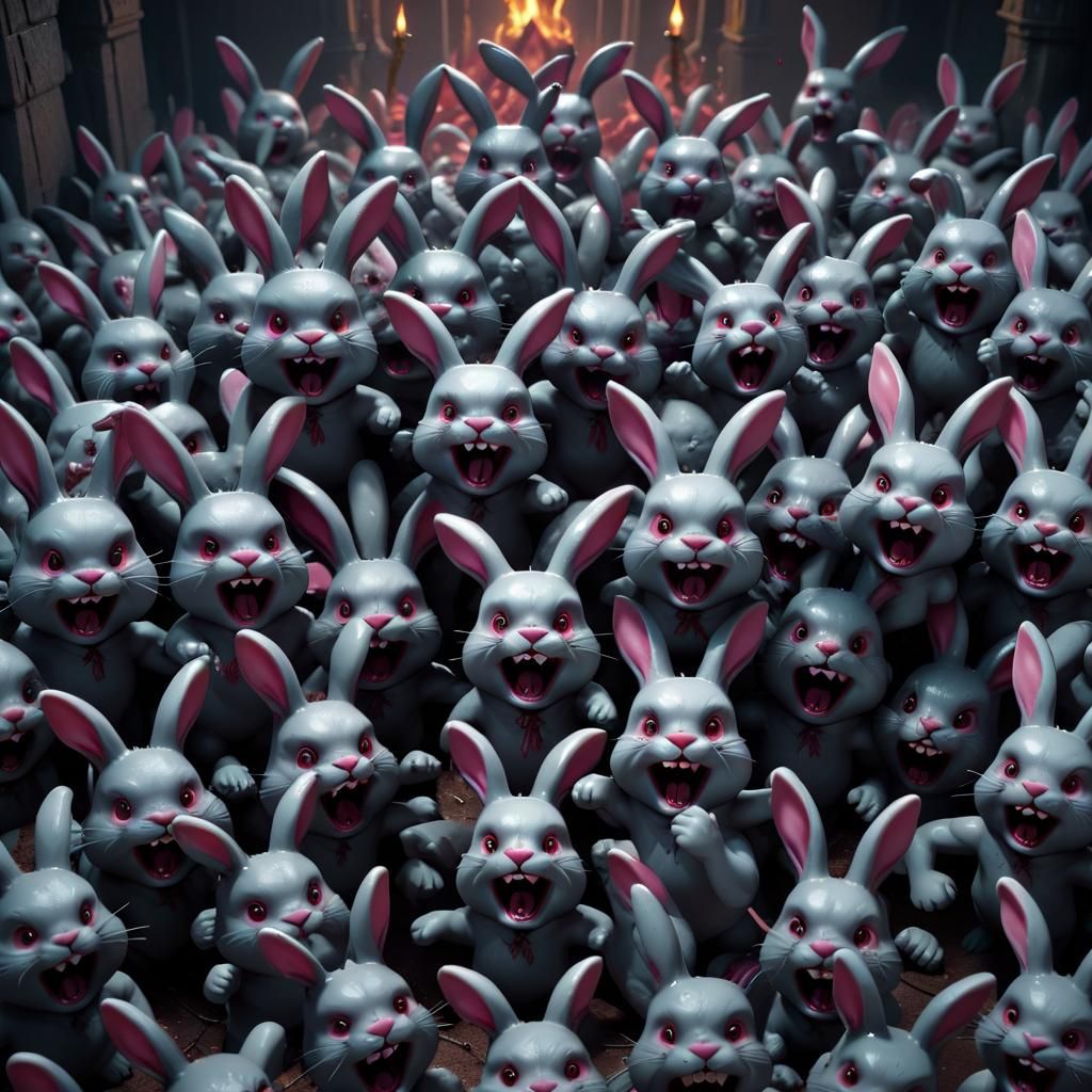 a mob of angry satanic plastic bunny cute, evil grin - AI Generated ...