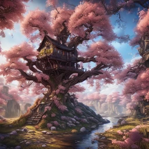 sakura treehouse with many cherys - AI Generated Artwork - NightCafe ...