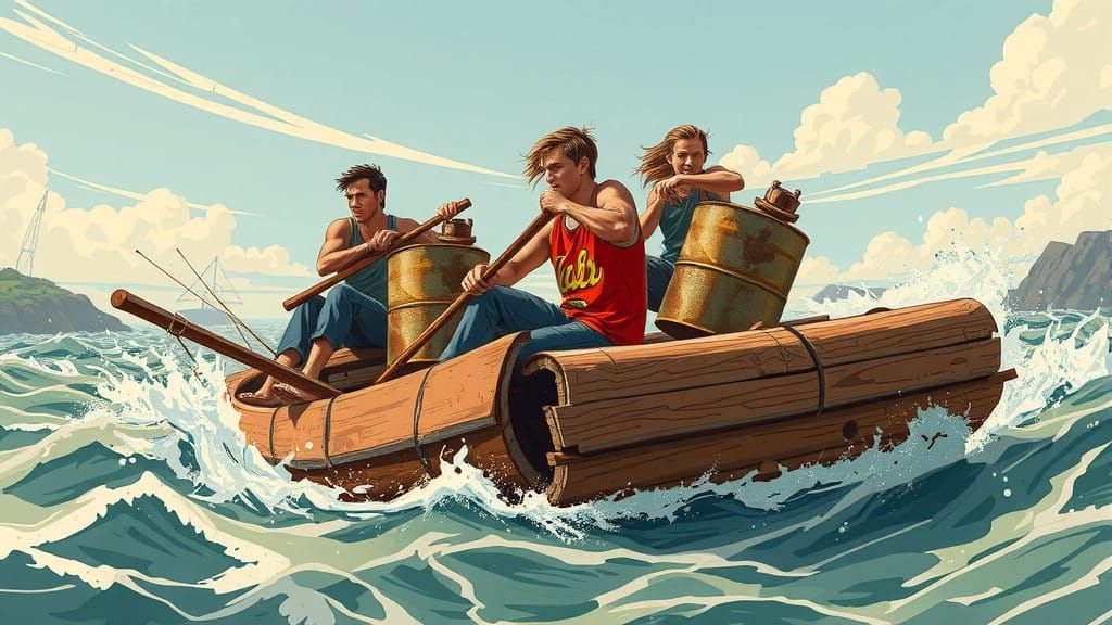 A Raft That was made from oil drums and planks of wood to float on the ...