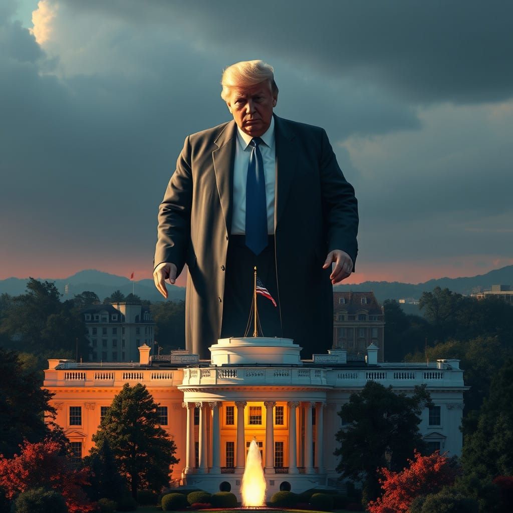 Giant Trump Towers Over the White House in Cyberpu... - AI Art