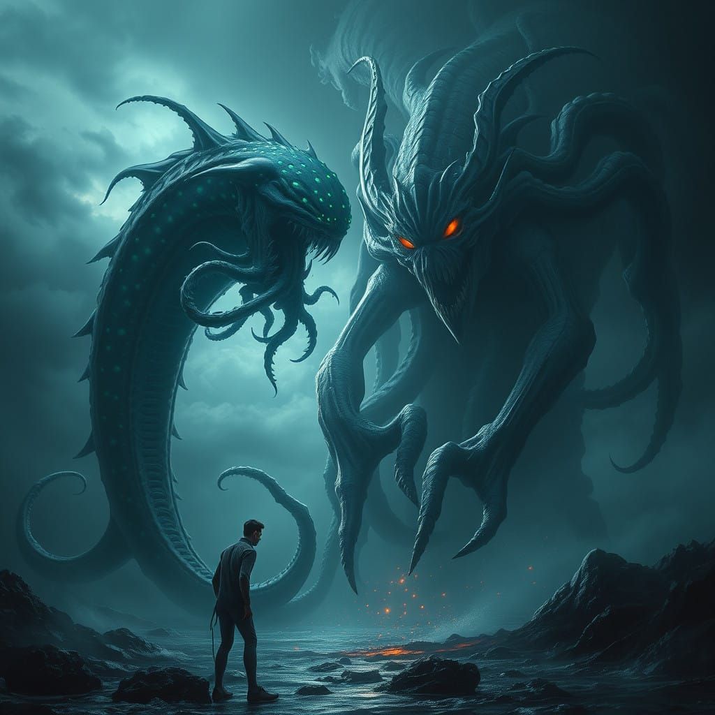 Ethereal Monstrosities Confrontation in Dark, Omin... - AI Art