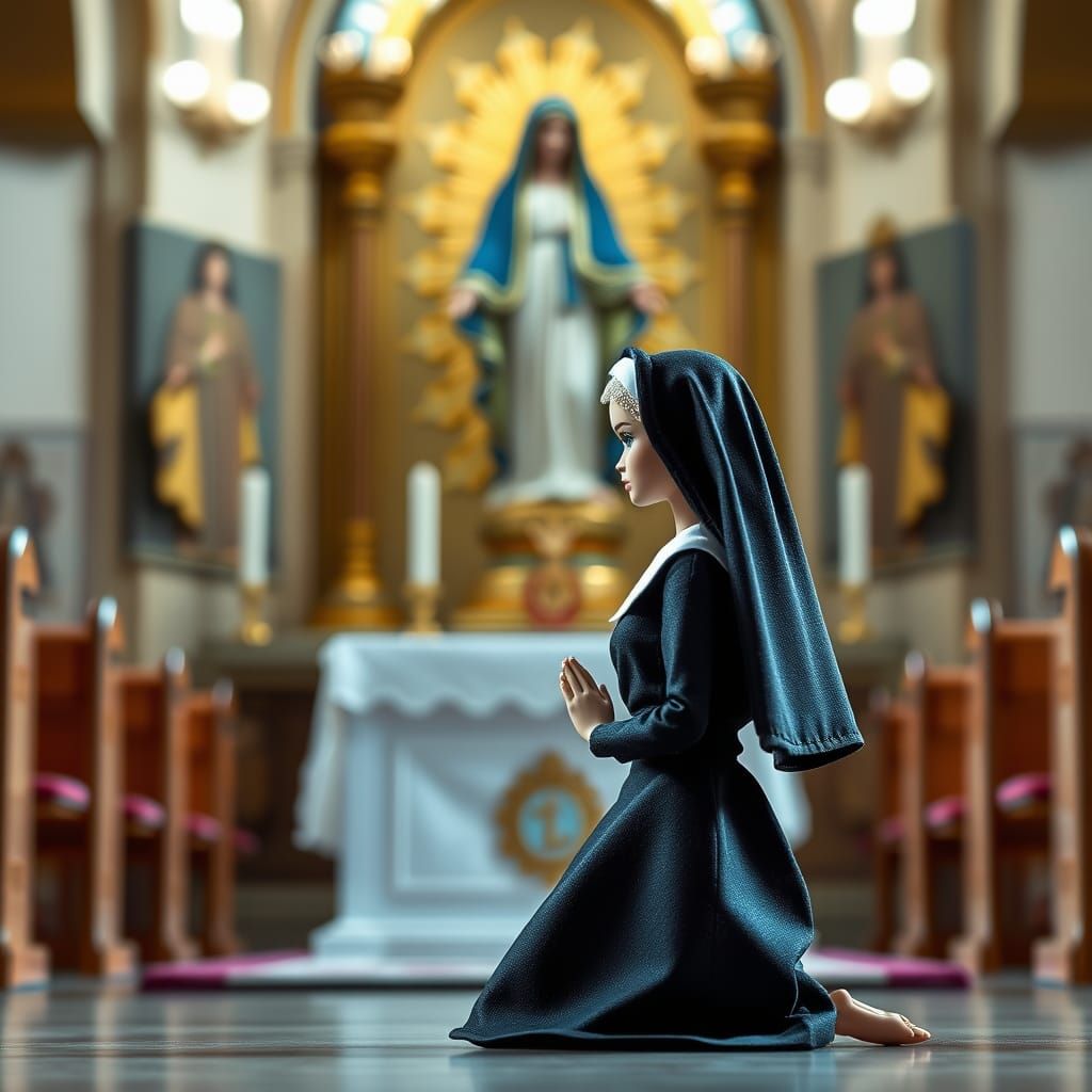 A Barbie doll, dressed as a nun, is kneeling in front of an altar of ...