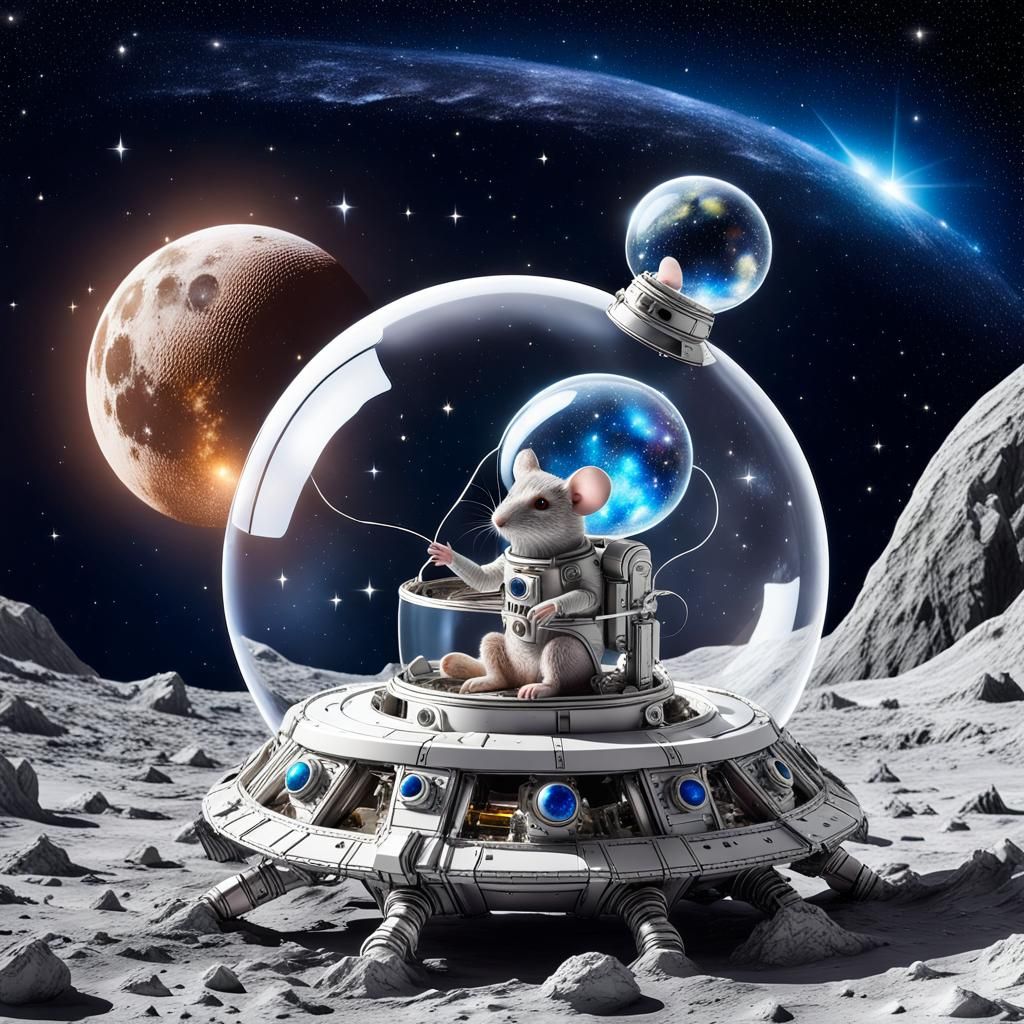 miniature spaceship with glass cap with mouse in it on the moon surface ...