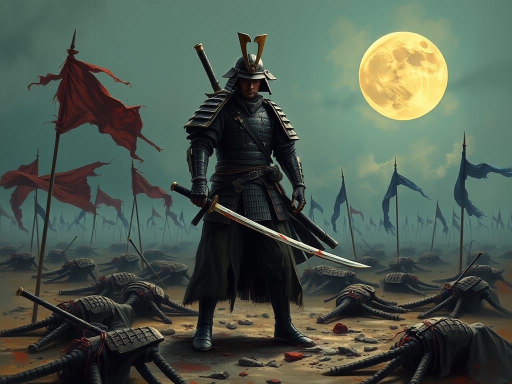 Gritty Samurai Standoff Under Moonlit Skies - AI Art