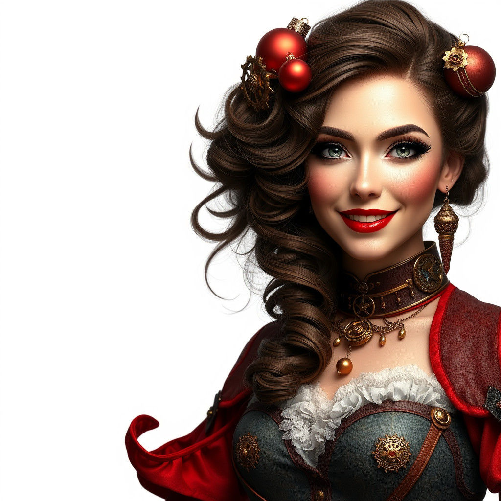 full body image of a steampunk lady, brown hair, beautiful smile, perfect makeup, clothes in ...