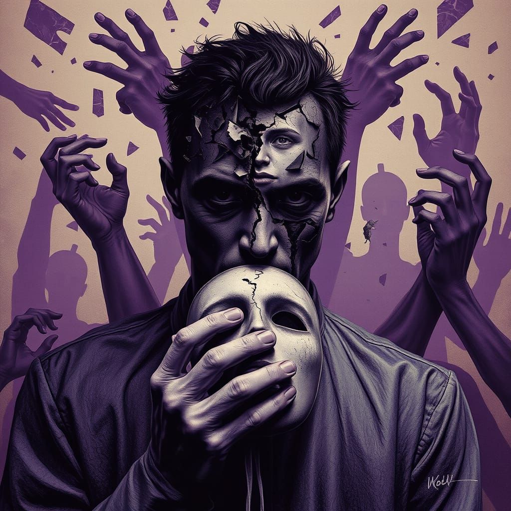 A man with a fractured psyche, revealed through a transparent face ...