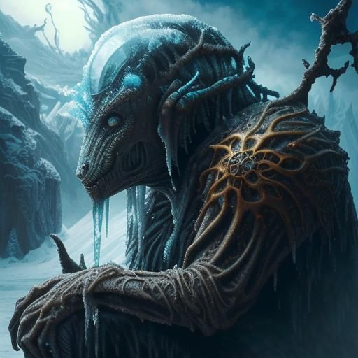 Arctic tundra, otherworldly cute creepy alien man ice sculptures ...