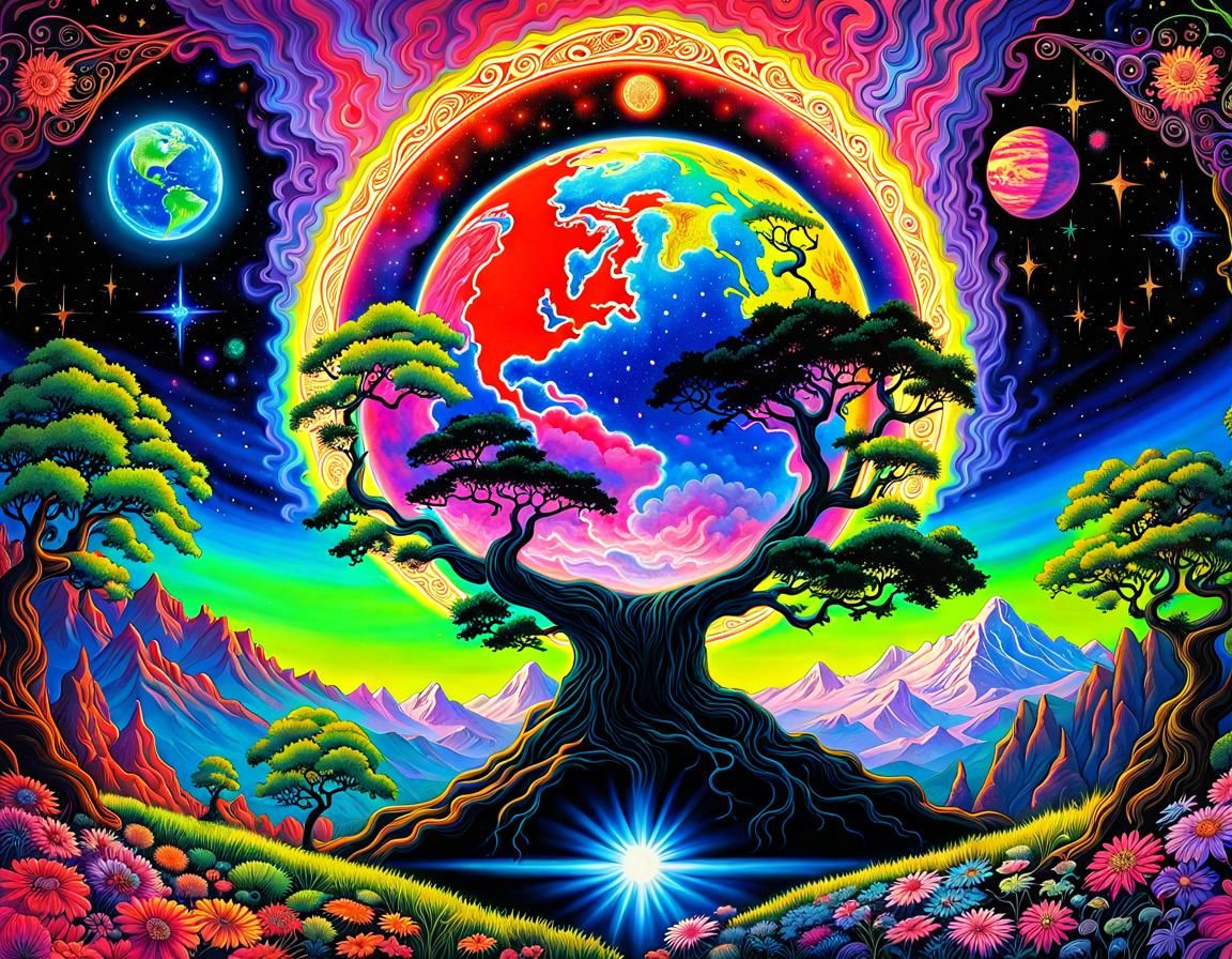 Black light epic fluorescent UV neon planet "earth" floating in space ...