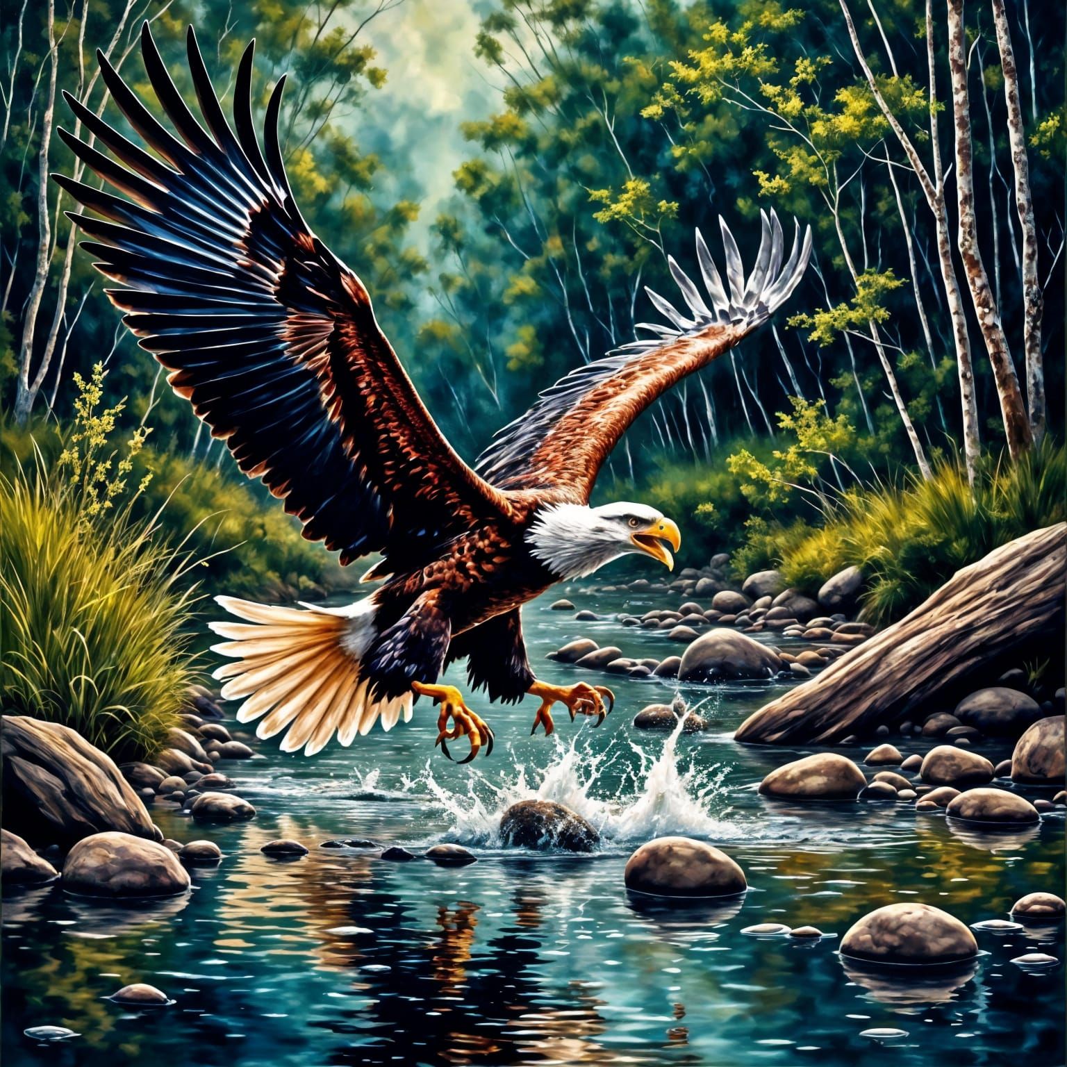 Screaming Eagle Goes Fishing - Eagle in Neo-Impressionist Fu...