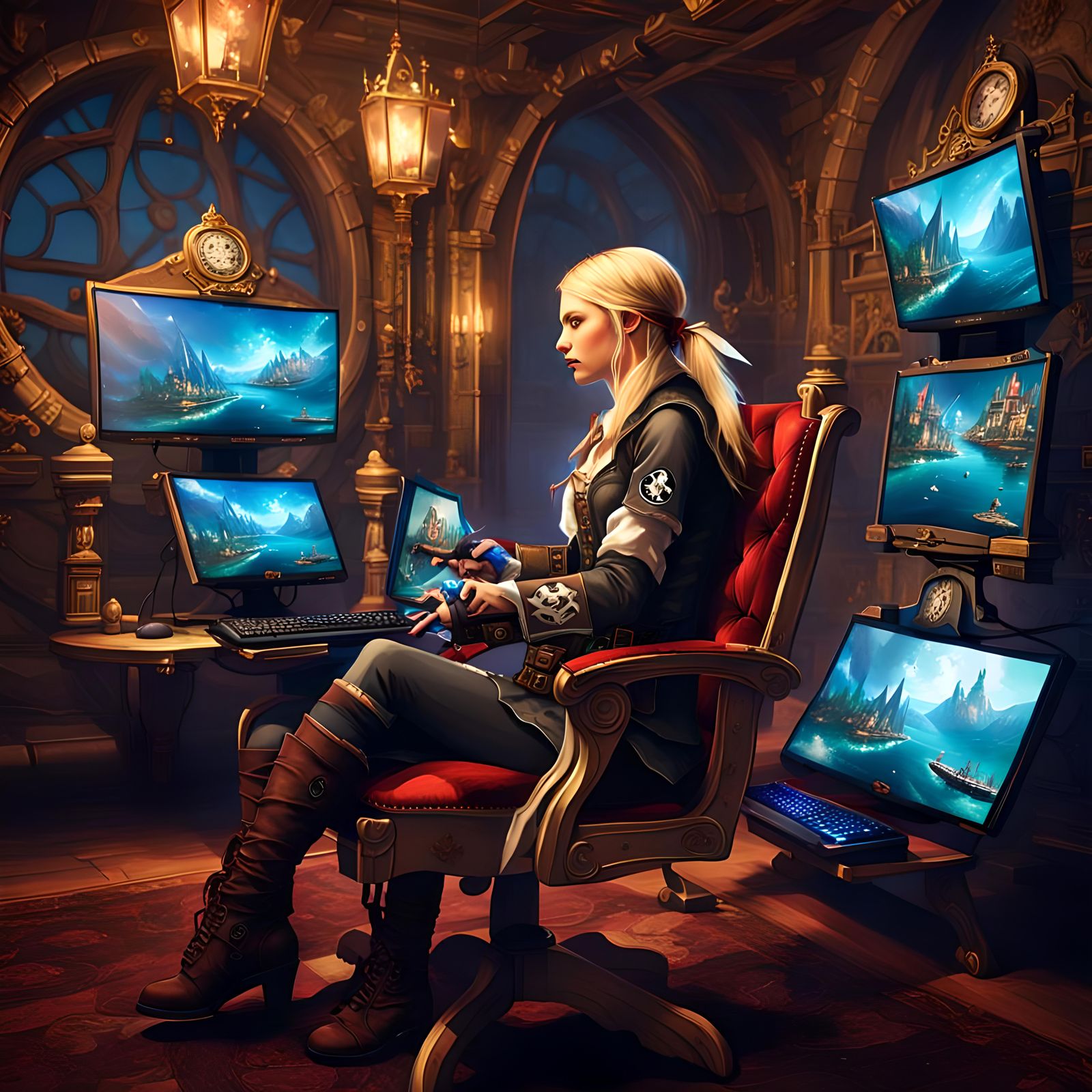 Sasha Playing "ASSASSINS CREED" in Pirate Gaming Set-Up (V2), by Lord Elboron. - AI Generated ...