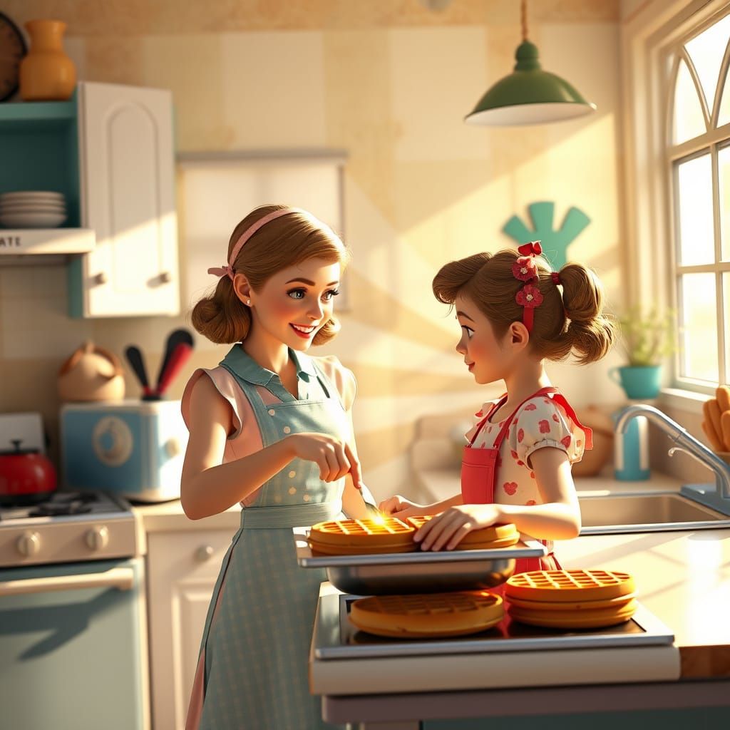 Vintage Kitchen Scene with Tradwife and Daughter B... - AI Art