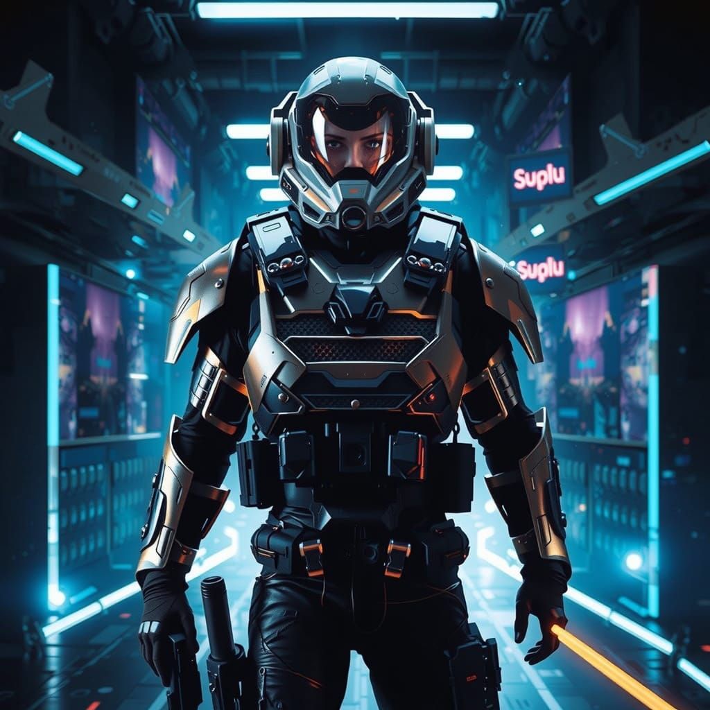 Futuristic Soldier with Jetpack in Dramatic Citysc... - AI Art