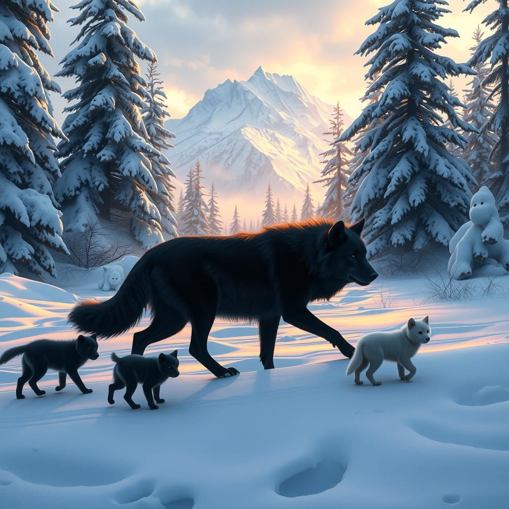Majestic Black Wolves in Snowy Alpine Landscape - AI Art