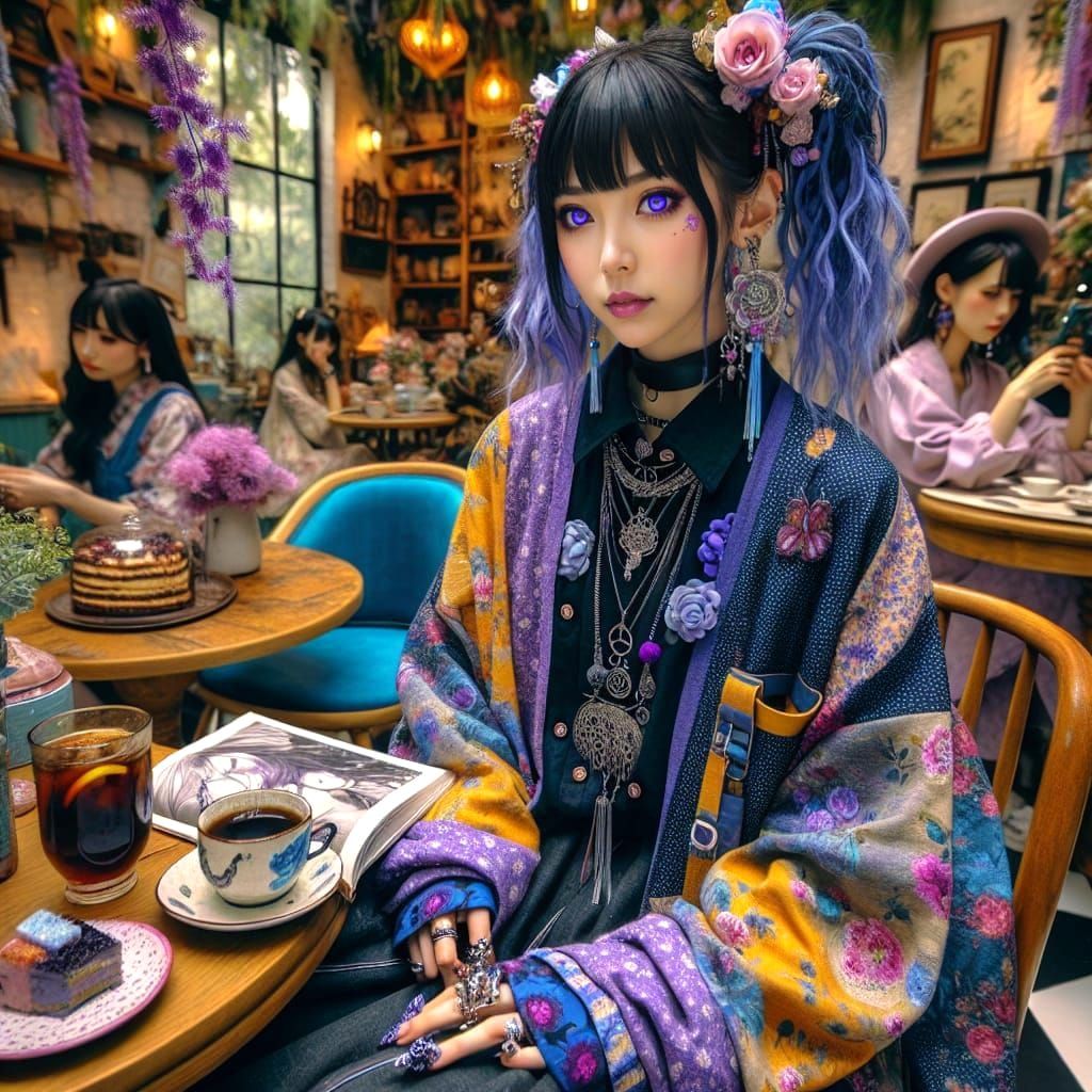 Classy Neon - Elegant Japanese Cafe Scene in Vibrant Colors