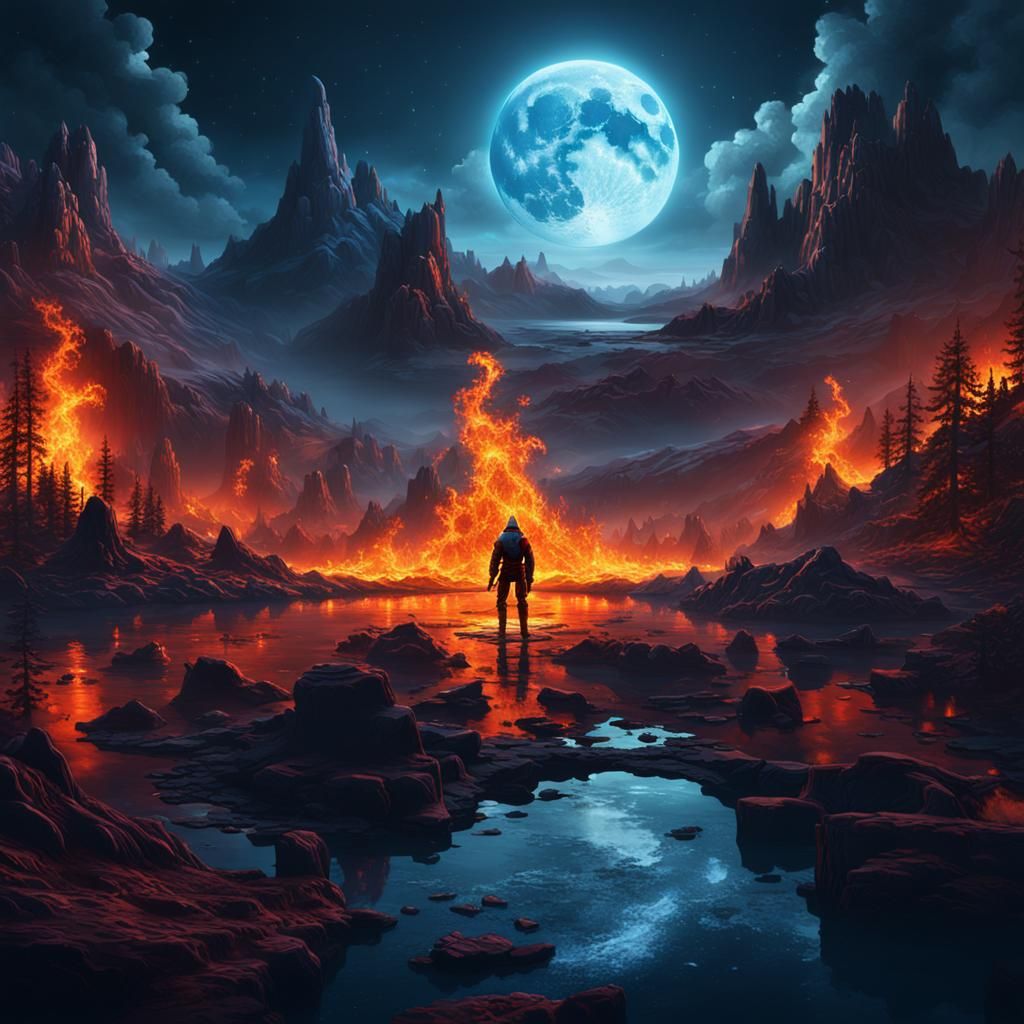 Mystery Moonlight Man in the middle of fire lake - AI Generated Artwork ...